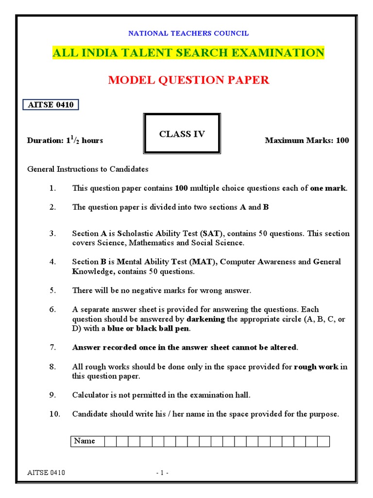All India Talent Search Examination: Model Question Paper | PDF | Leaf ...