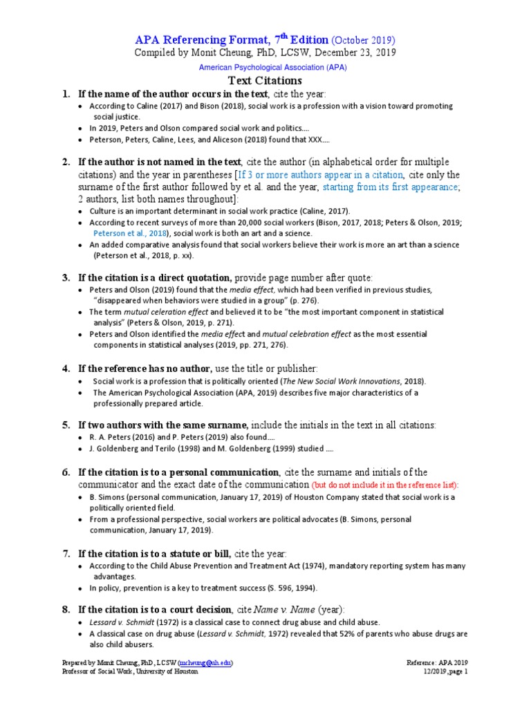 APA Referencing Format, 7 Edition: Text Citations | PDF | American ...