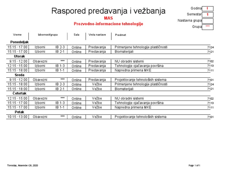 Raspored Predavanja I Vežbanja: MAS Prozvodno-Informacione Tehnologije ...