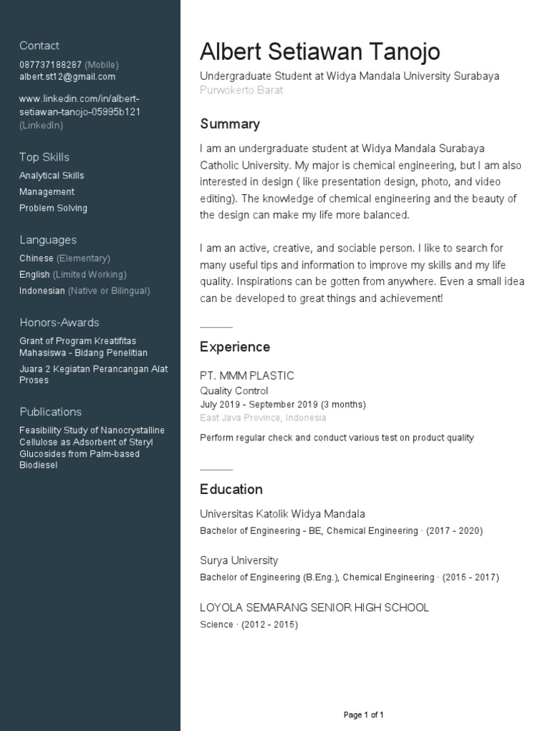 Albert Setiawan Tanojo: Contact | PDF | Further Education | Science