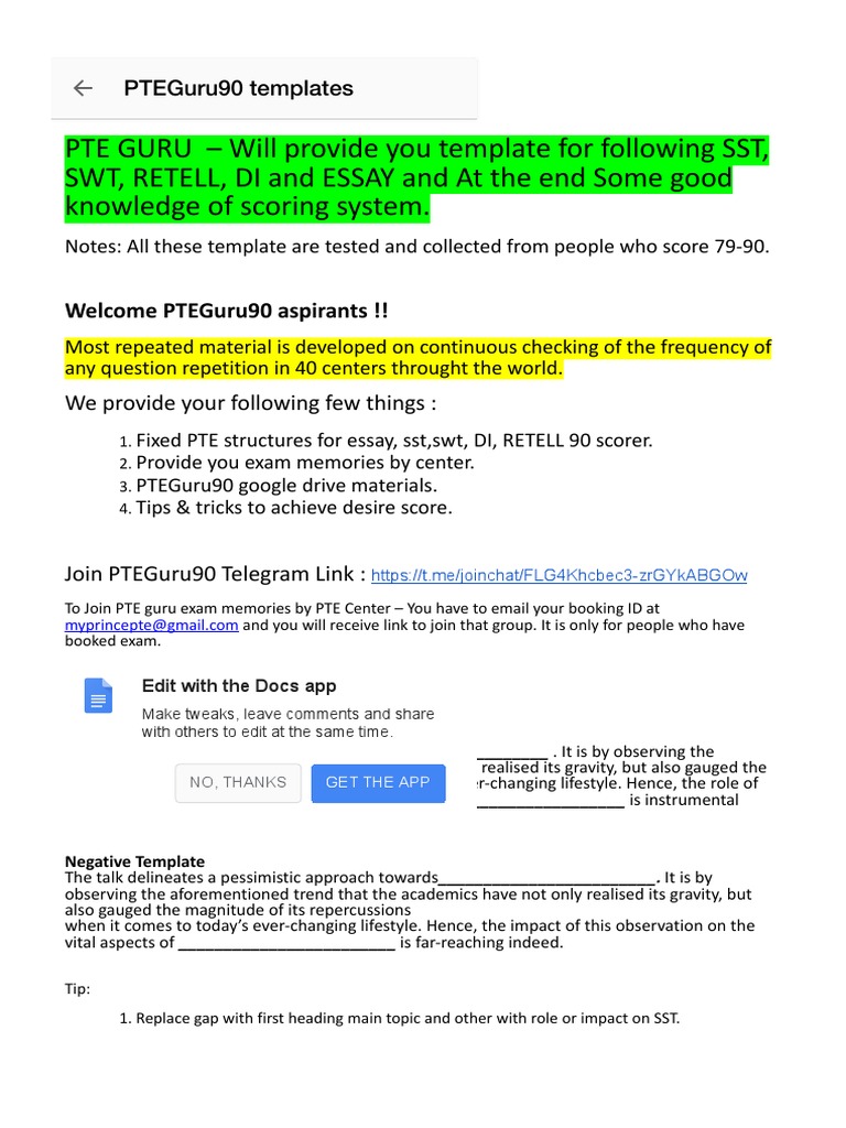 PTE GURU - Will Provide You Template For Following SST, SWT, RETELL, DI ...