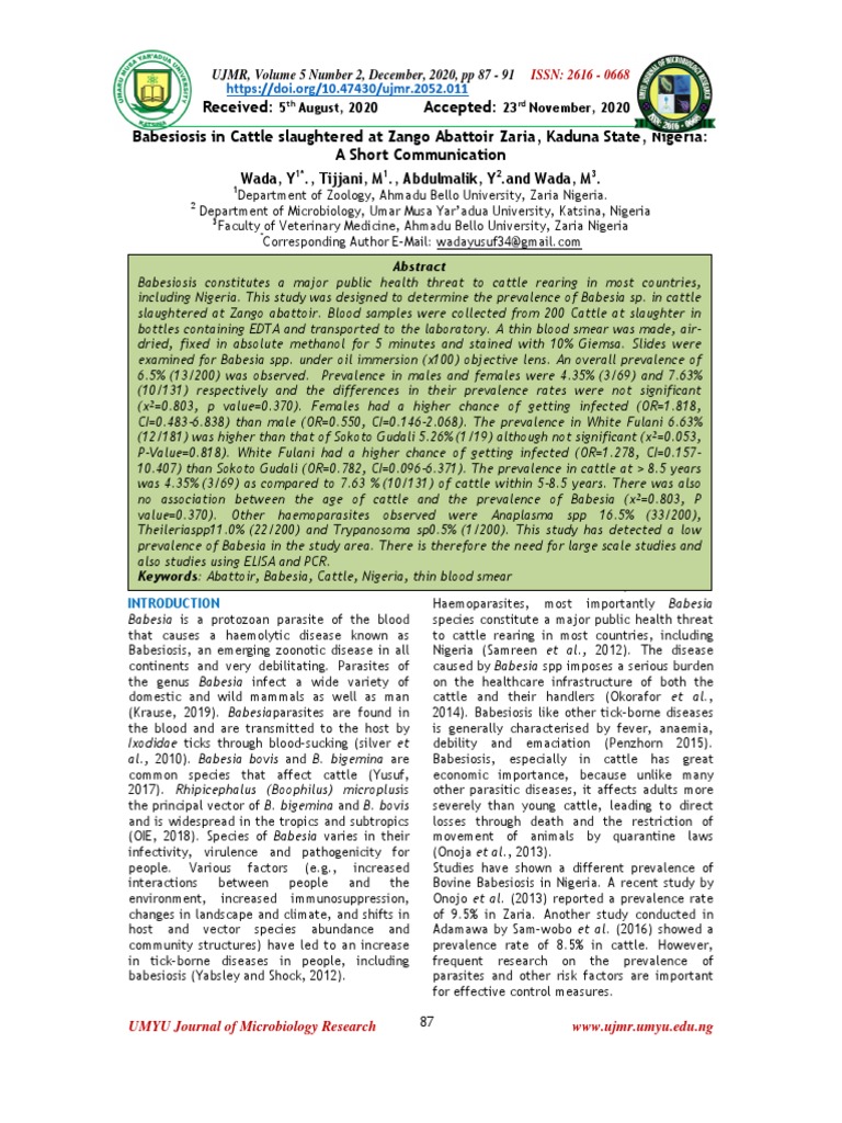 Babesiosis in Cattle Slaughtered at Zango Abattoir Zaria, Kaduna State ...