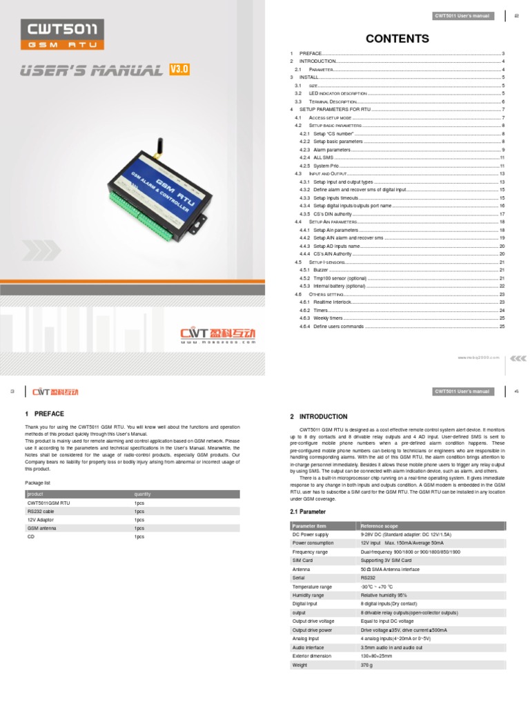 CWT5011 User's Manual: Arameter | PDF | Relay | Gsm