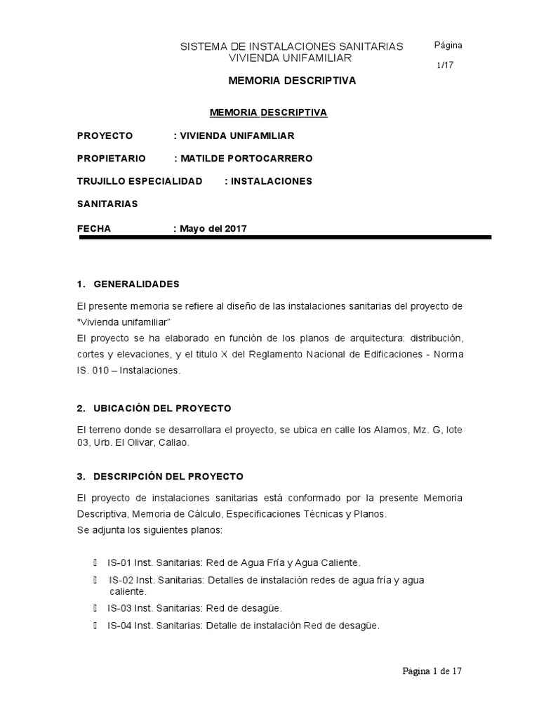 Instalaciones sanitarias de una vivienda unifamiliar: Descripción del proyecto | PDF | Colector ...