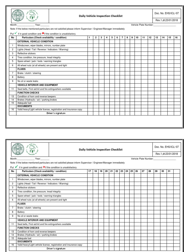 Daily Vehicle Inspection Checklist.1 | PDF | Vehicles | Tire
