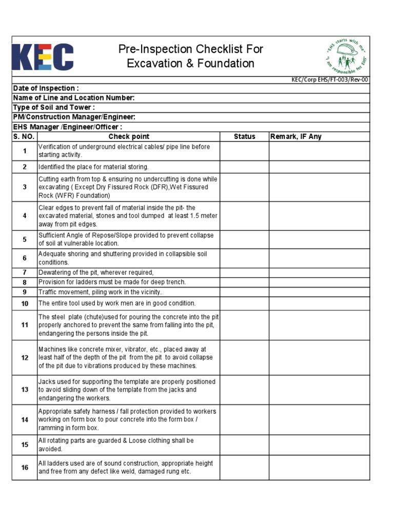 Pre Excavation and Foundation Inspection Checklist | PDF | Foundation ...