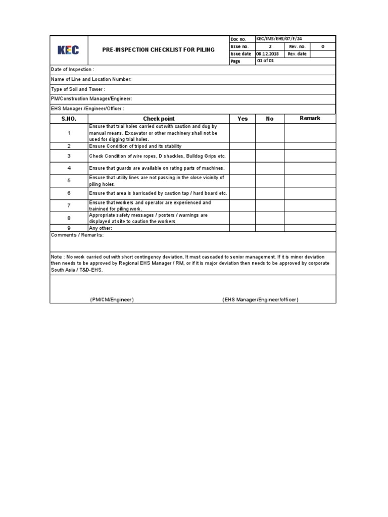 Pre-Inspection Checklist For Pilling | PDF