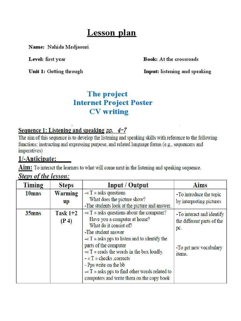 Lesson Plan: The Project Internet Project Poster CV Writing | PDF