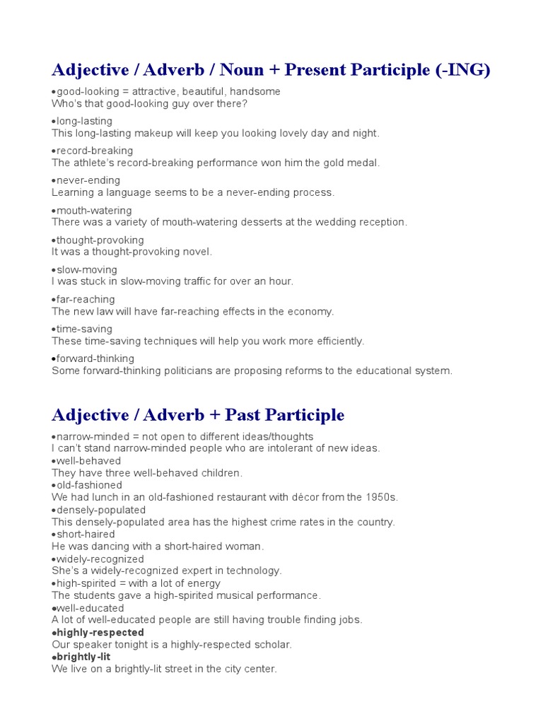 Adjective / Adverb / Noun + Present Participle (-ING) | PDF | Grammar ...