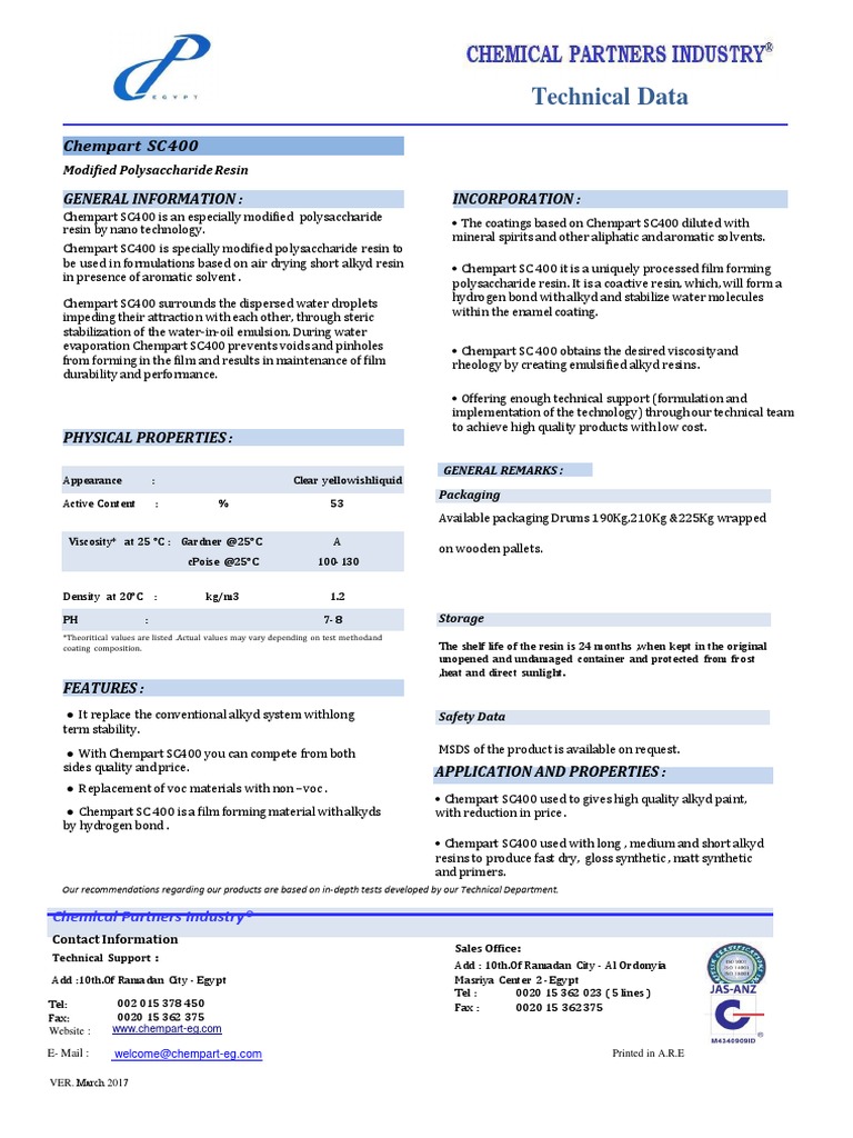Chempart SC 400 TDS | PDF | Emulsion | Physical Chemistry