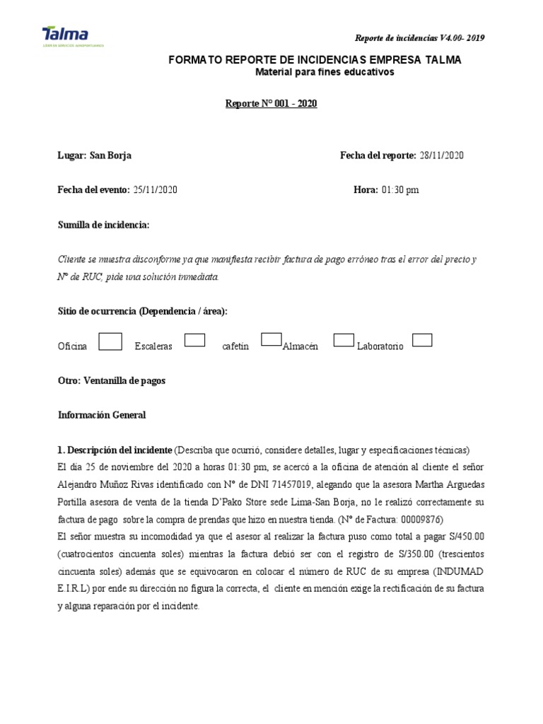 Reporte Del Caso (C) Talma Callao | PDF | Servicio al Cliente | Business