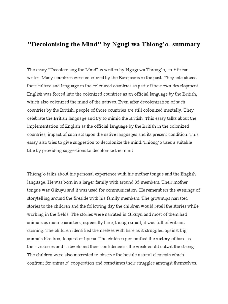 "Decolonising The Mind" by Ngugi Wa Thiong'o-Summary | PDF ...