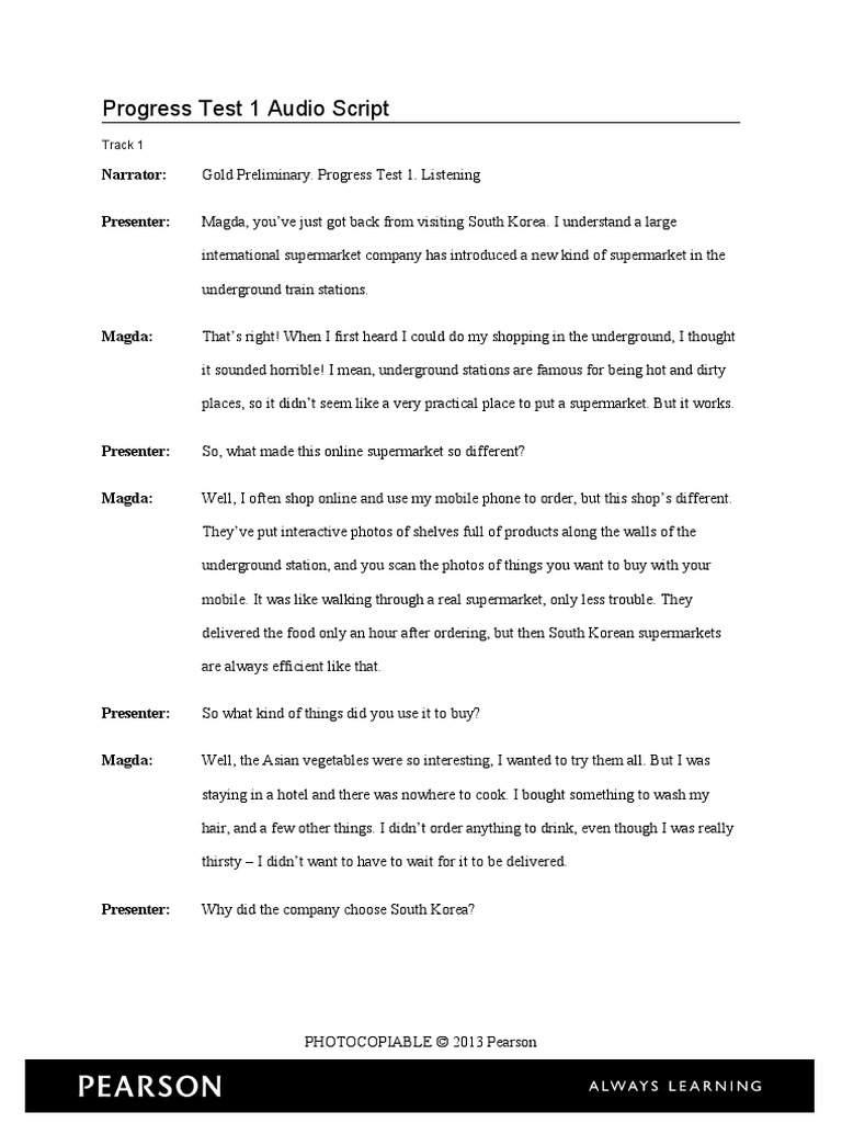 Progress Test 1 Audio Script: Narrator: Presenter | PDF | Reuse | Fee