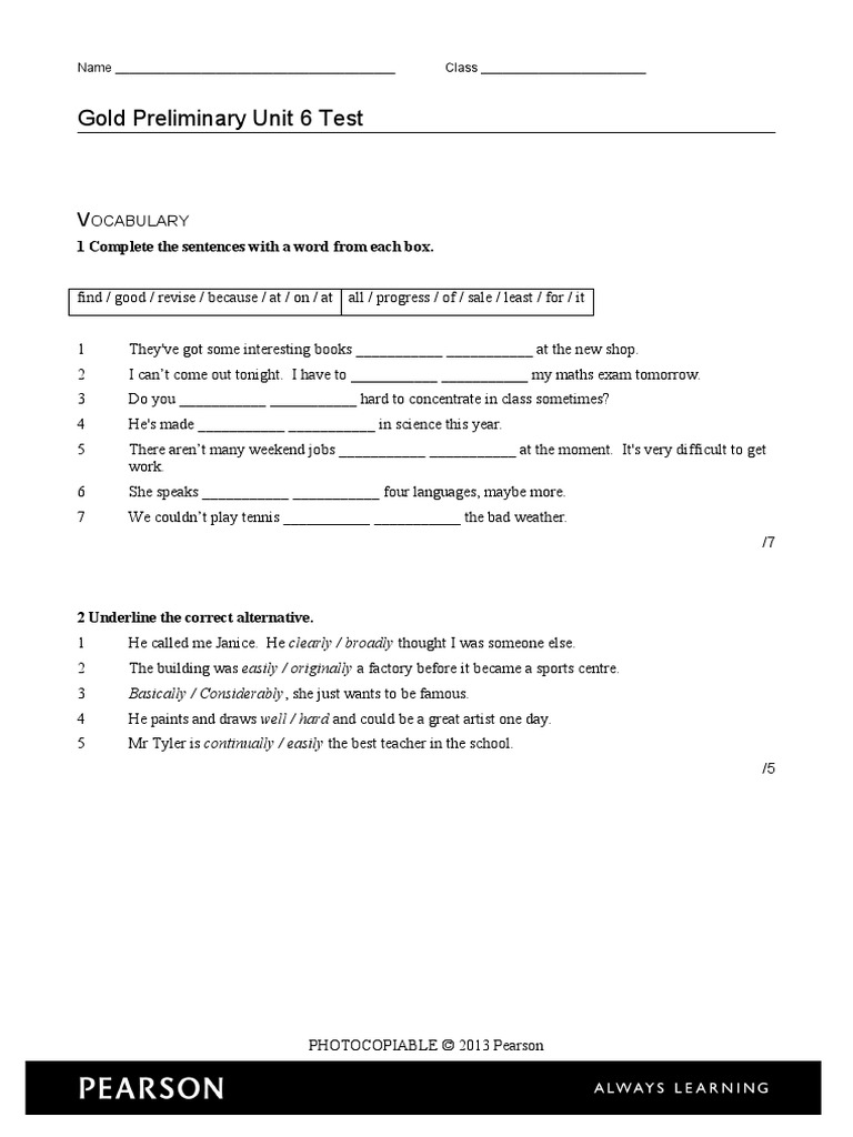 Gold Preliminary Unit 6 Test: 1 Complete The Sentences With A Word From ...
