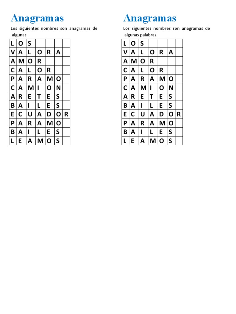 Anagramas de Nombres y Palabras | PDF | Artes del Lenguaje y Comunicación