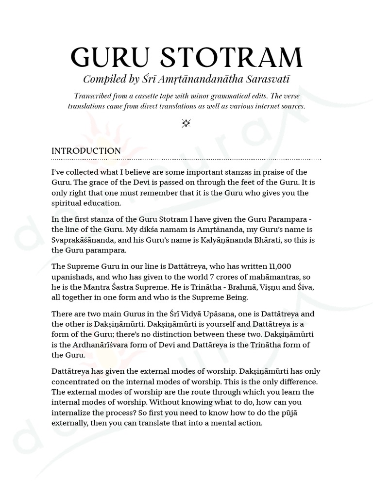 Guru Stotram: Compiled by Śrī Am Tānandanātha Sarasvatī | PDF | Guru ...