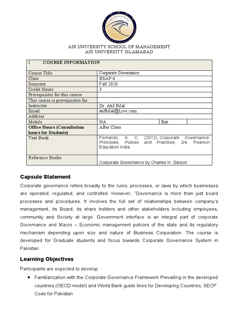 Corporate Governance Course Outline | PDF | Corporate Governance ...