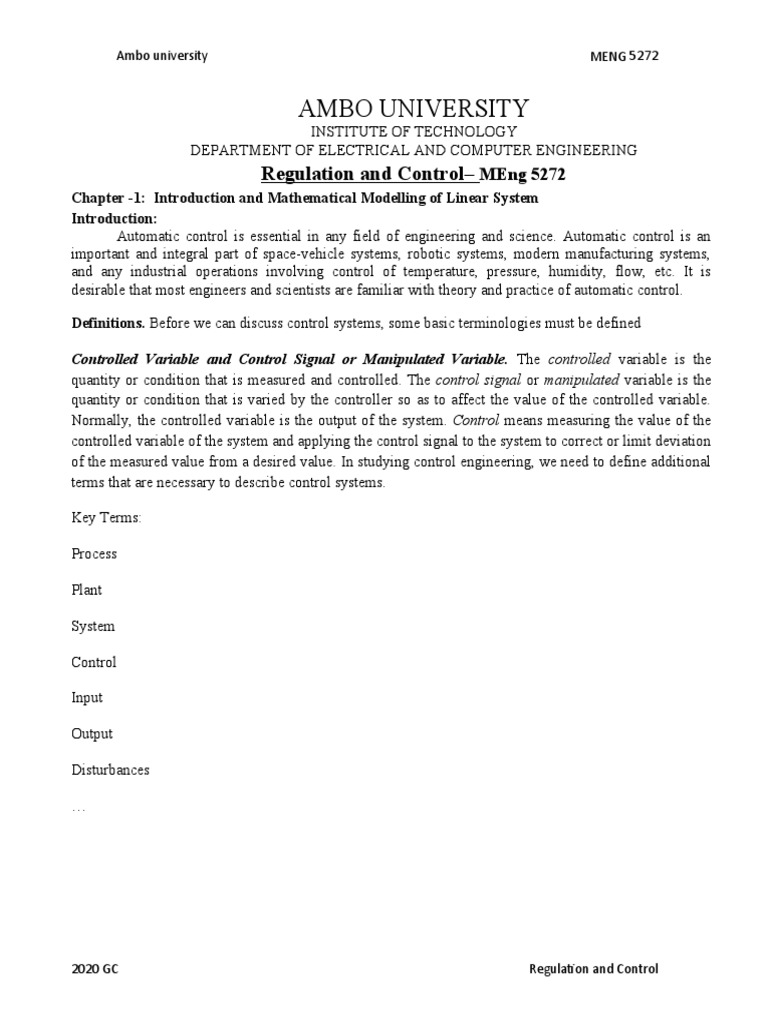 Ambo University: Regulation and Control | PDF | Control Theory ...
