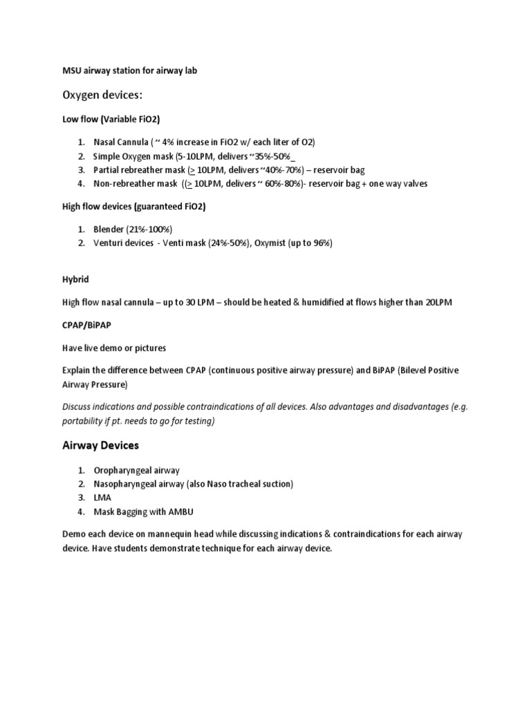 Oxygen Devices:: MSU Airway Station For Airway Lab | PDF