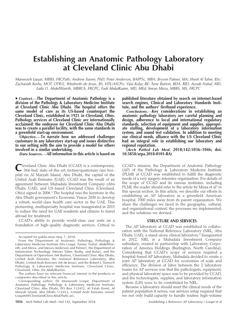 Establishing An Anatomic Pathology Laboratory at Cleveland Clinic Abu ...