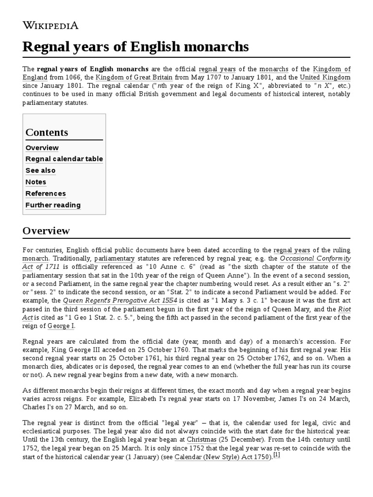 Regnal Years of English Monarchs: Regnal Calendar Table See Also Notes ...