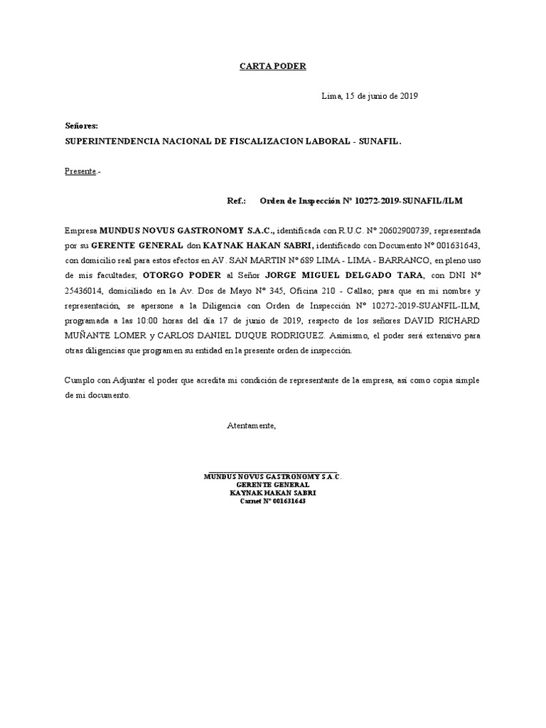 Carta Poder - Simple MUNDUS & SUNAFIL | PDF