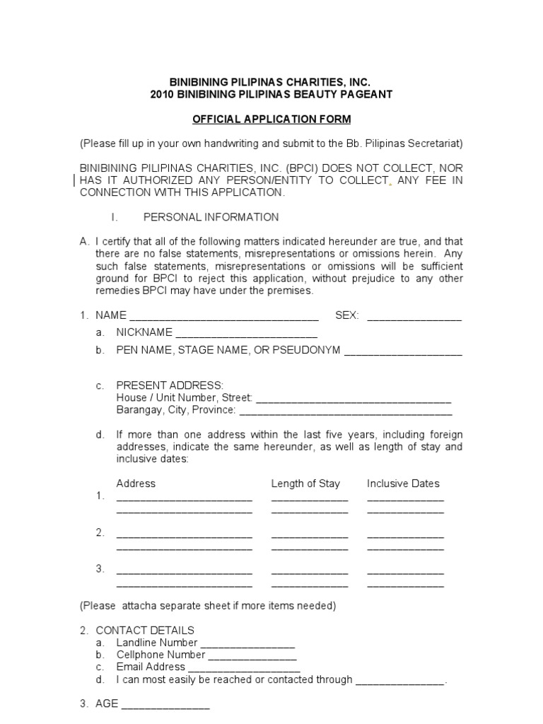 Binibining Pilipinas 2010 Application Form | PDF | Identity Document ...