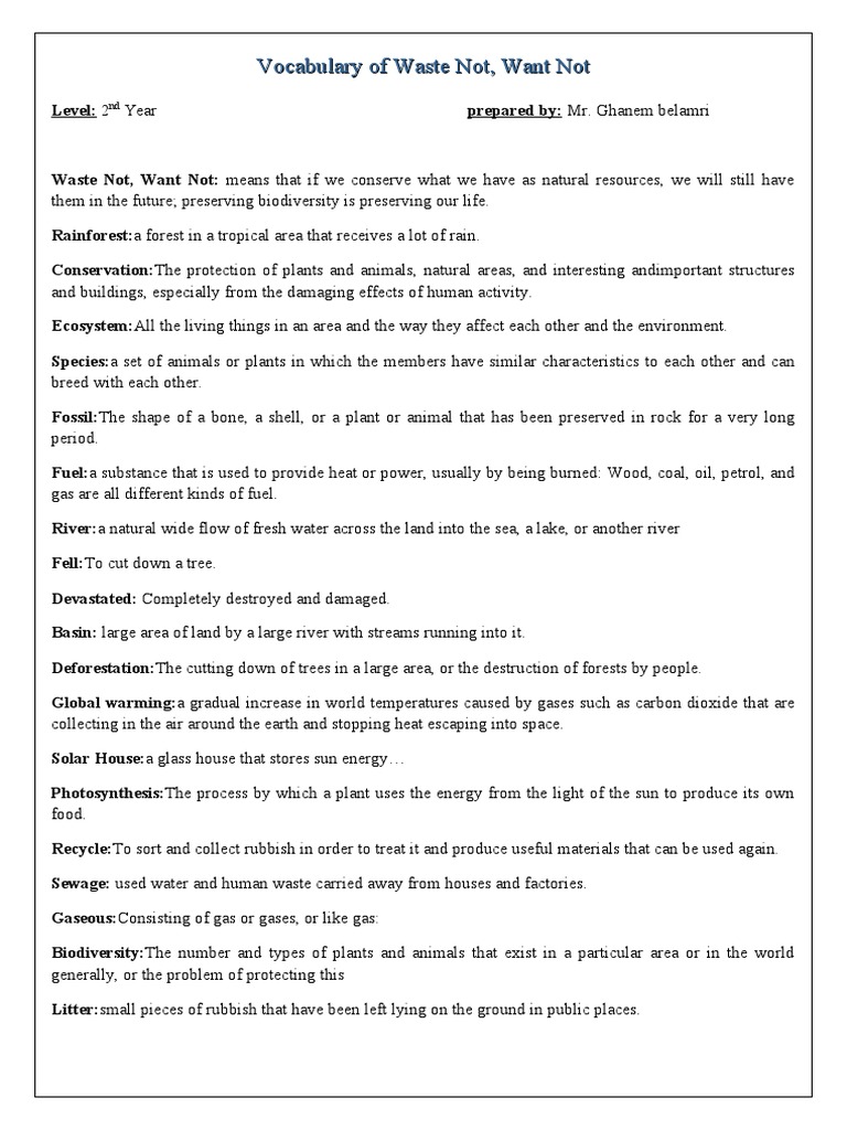 Vocabulary of Waste Not, Want Not | PDF