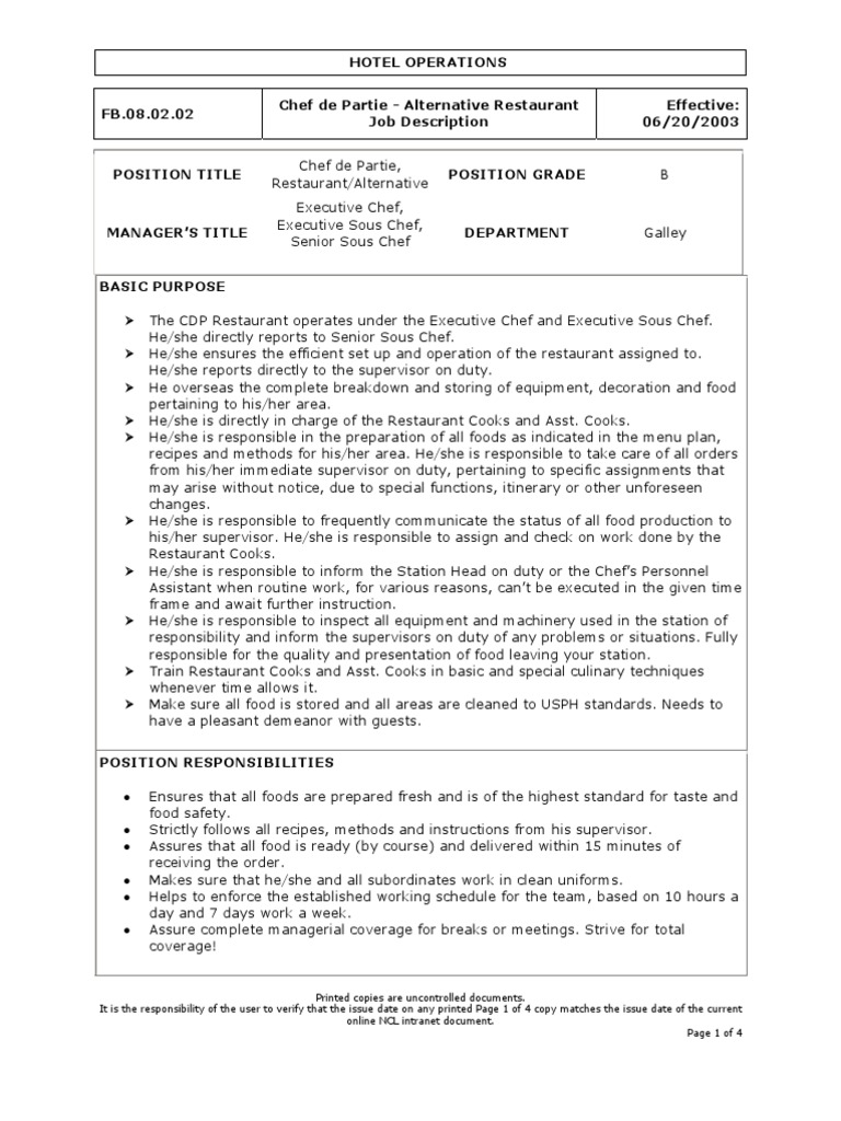 Chef de Partie Job Description | PDF | Chef | Restaurants