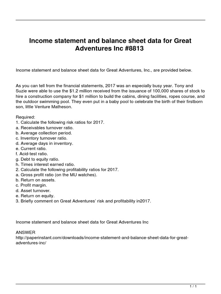 Income Statement and Balance Sheet Data For Great Adventures Inc | PDF ...