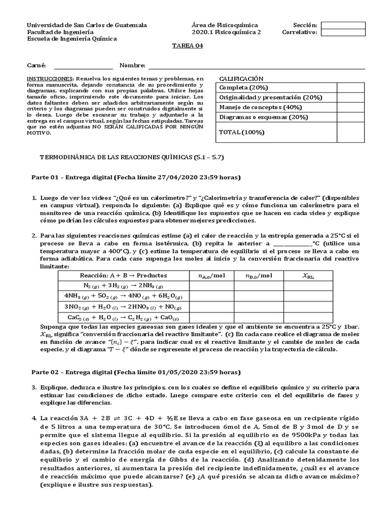 FQ2-2020.1 Tarea 04 | PDF | Equilibrio químico | Energía libre de Gibbs