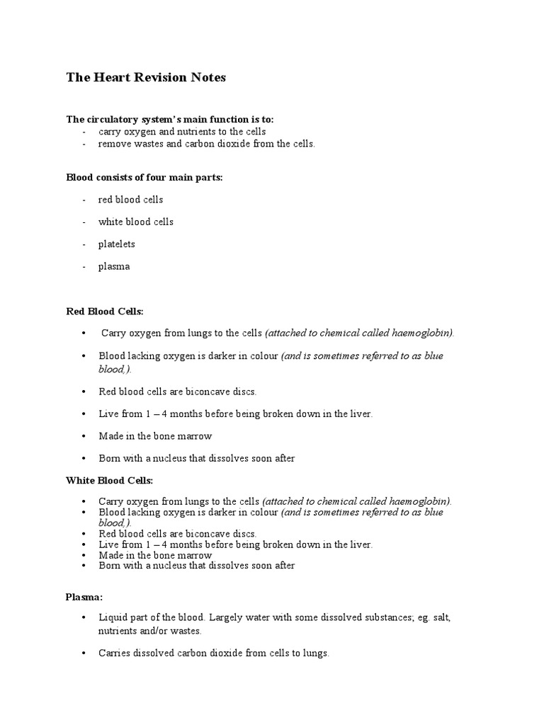 The Heart Revision Notes: The Circulatory System's Main Function Is To ...