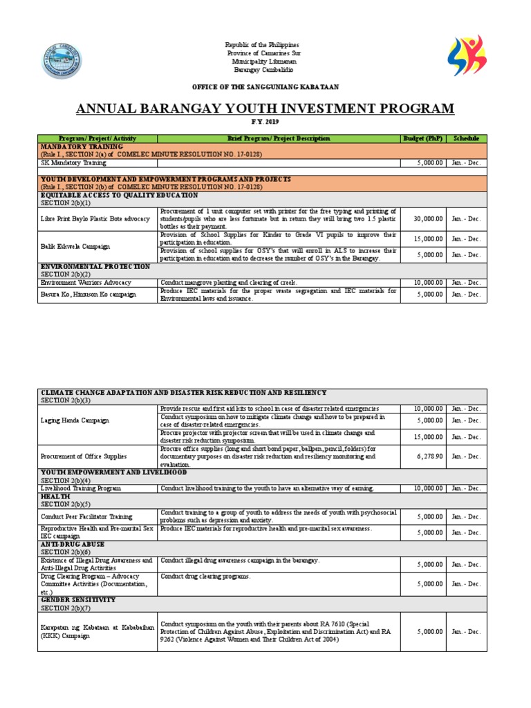 Annual Barangay Youth Investment Program | PDF