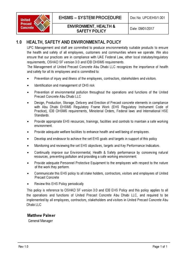 Ehsms - System Procedure: 1.0 Health, Safety and Environmental Policy ...