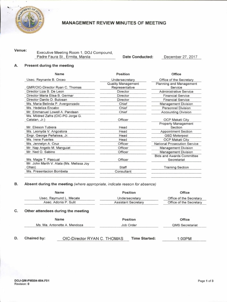 Management Review Minutes | PDF