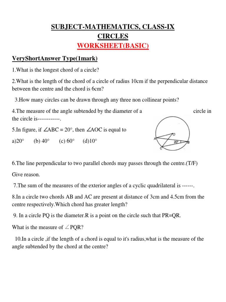 Subject-Mathematics, Class-Ix Circles: Worksheet (Basic) | PDF | Circle ...