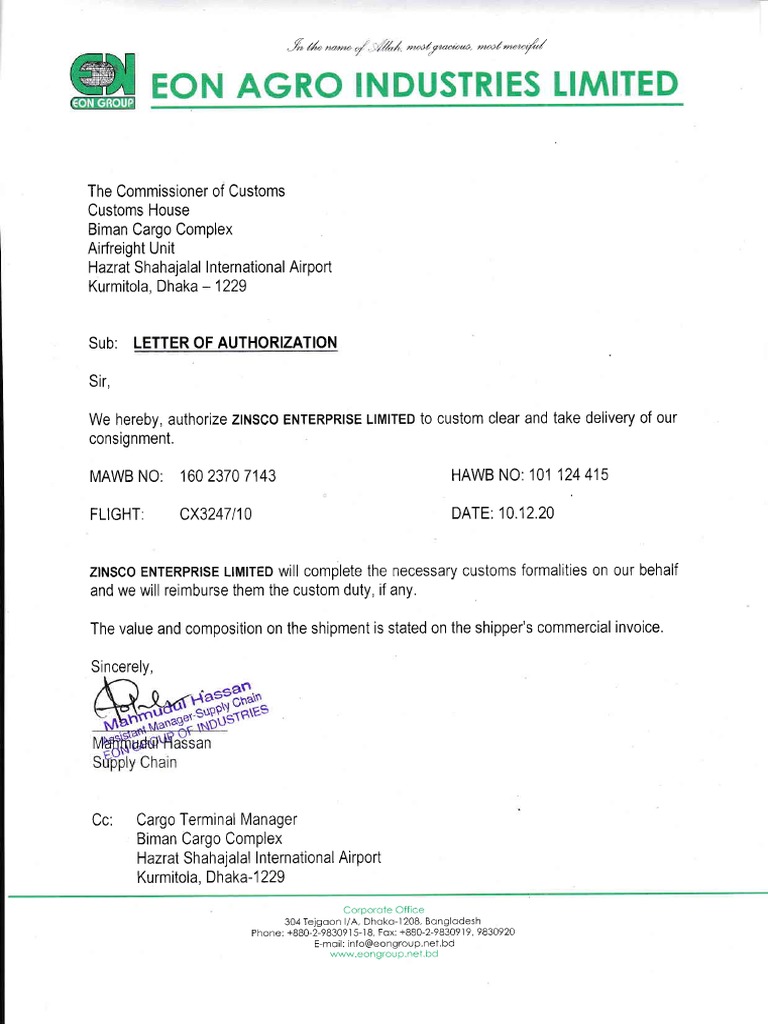 Authorization Letter for Customs Clearance | PDF
