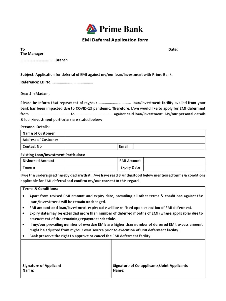 EMI Deferral Application Form: Loan/investment | PDF