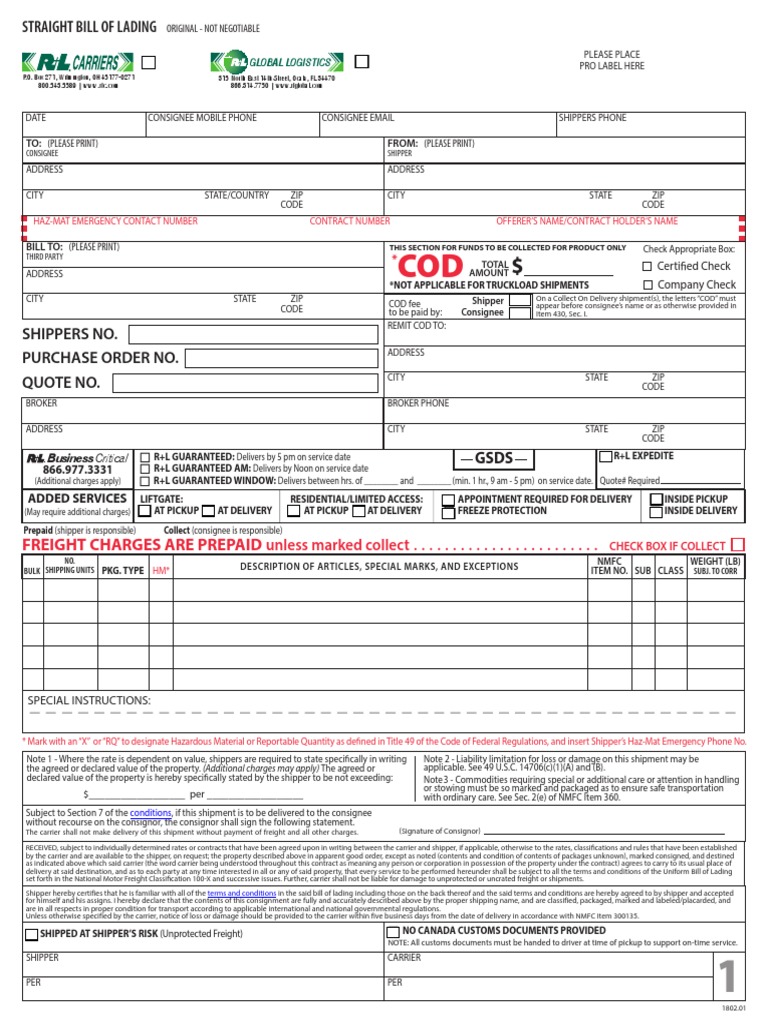 Freight Charges Are Prepaid: Unless Marked Collect | PDF | Cargo | Bill ...