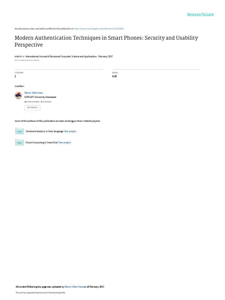 Modern Authentication Techniques in Smart Phones | PDF | Password | Authentication