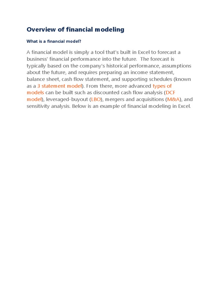 Overview of Financial Modeling: 3 Statement Model Types of Models DCF ...