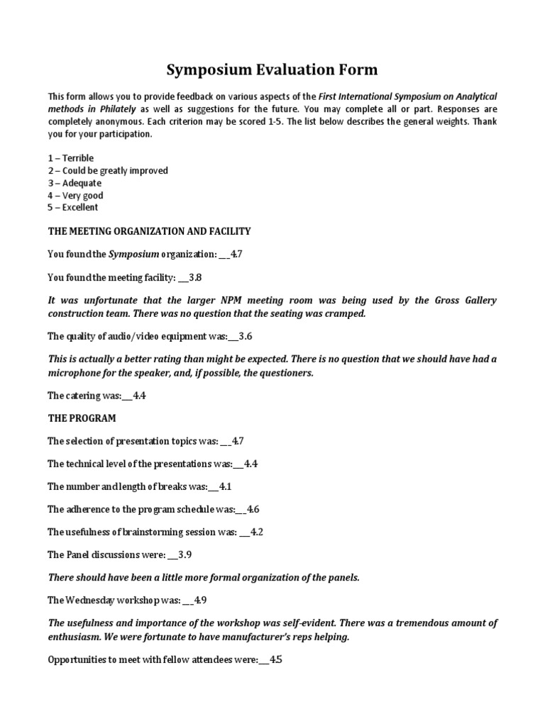 Symposium Evaluation Form: The Meeting Organization and Facility | PDF ...