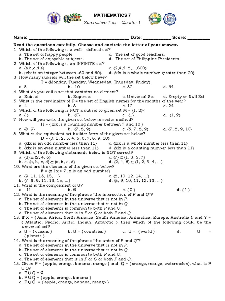 Mathematics 7: Summative Test - Quarter 1 | PDF | Numbers ...