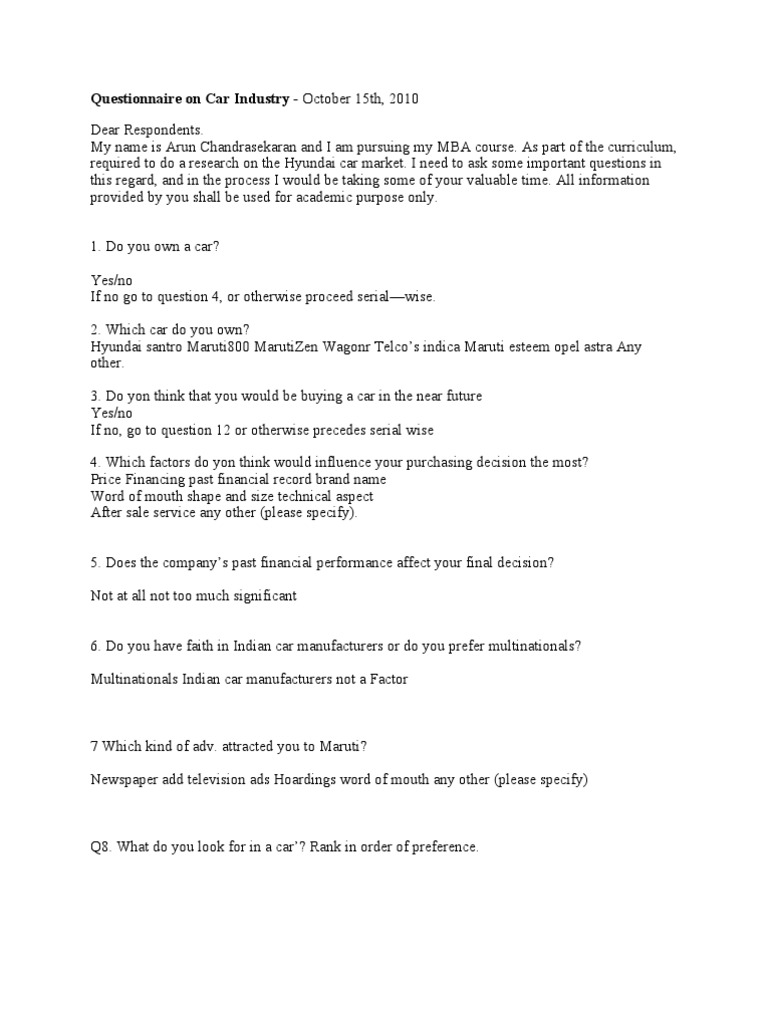 Car Industry Survey Questionnaire | PDF | Car | Motor Vehicle