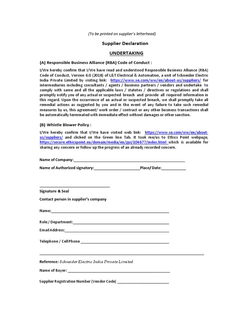 RBA Code of Conduct Supplier Declaration | PDF