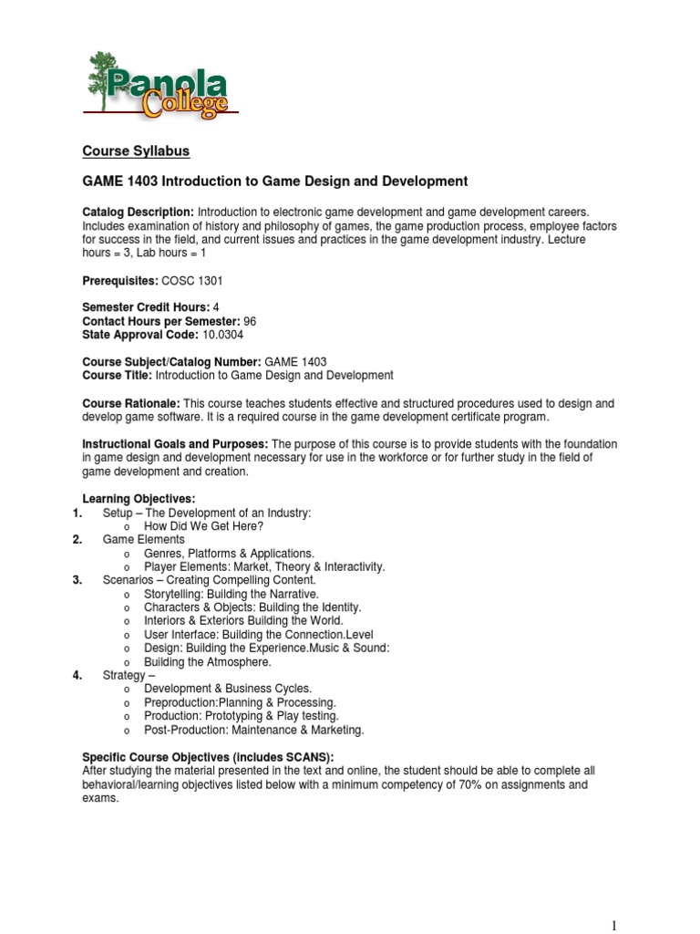 Course Syllabus GAME 1403 Introduction To Game Design and Development ...