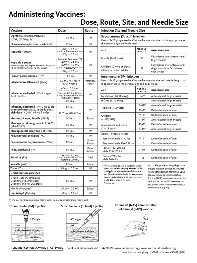 Injection Site and Needle Size Vaccine Dose Route | PDF | Injection ...