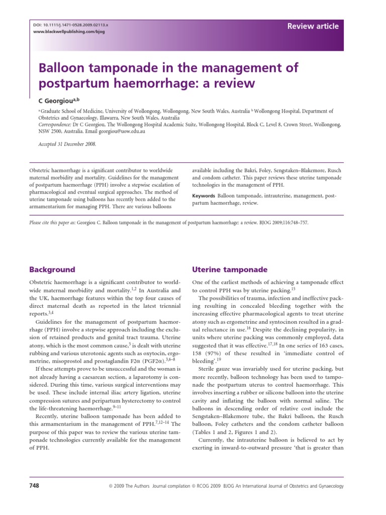 Balloon Tamponade in The Management of Postpartum Haemorrhage: A Review ...