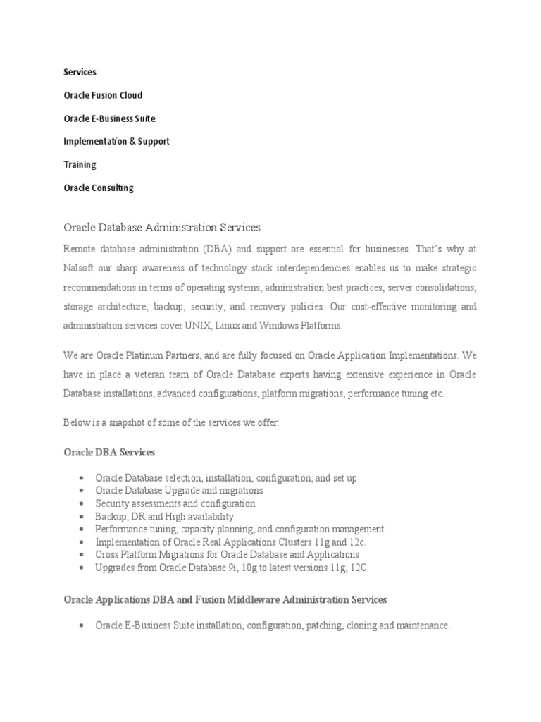 Oracle Database Administration Services | PDF