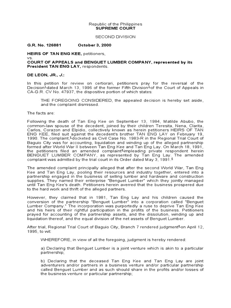 Heirs of Tan Eng Kee vs. CA, 341 SCRA 740 (2000) | PDF | Partnership ...